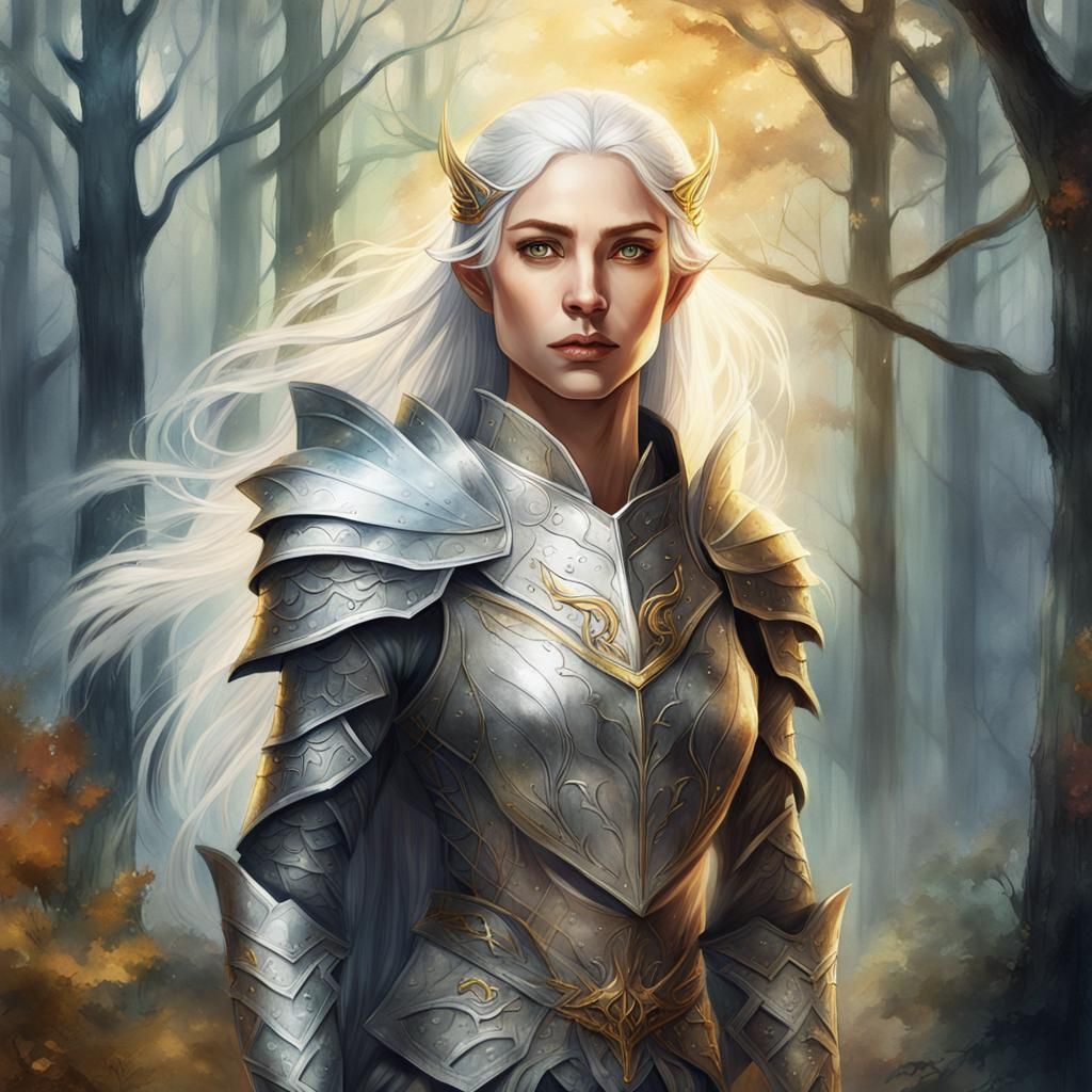 Ethereal Elven Warrior in Elegant Watercolour Armo... - AI Art