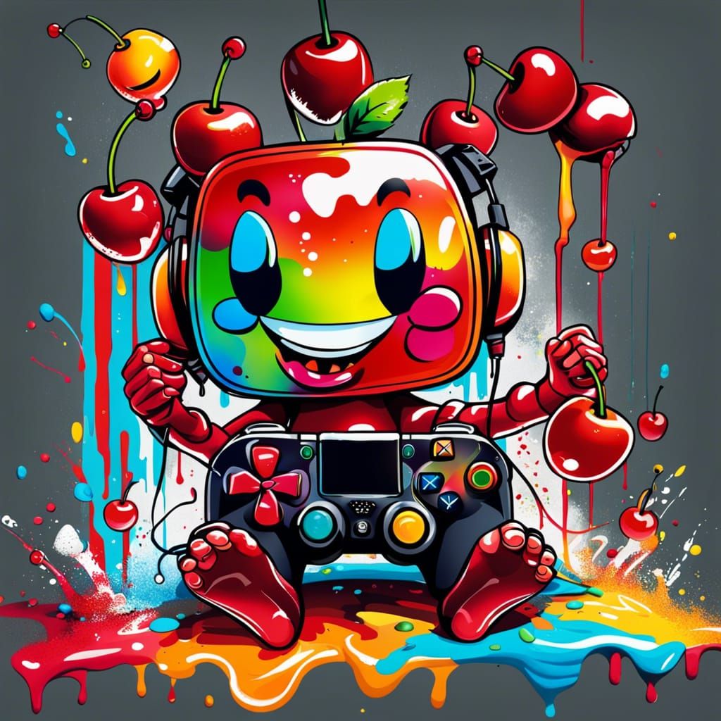 Smiling Cherries with hand and foot playing PlayStation games, wearing ...