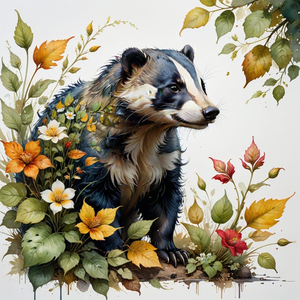Badger, river, leaves, flowers, watercolor, white background. Elegance ...