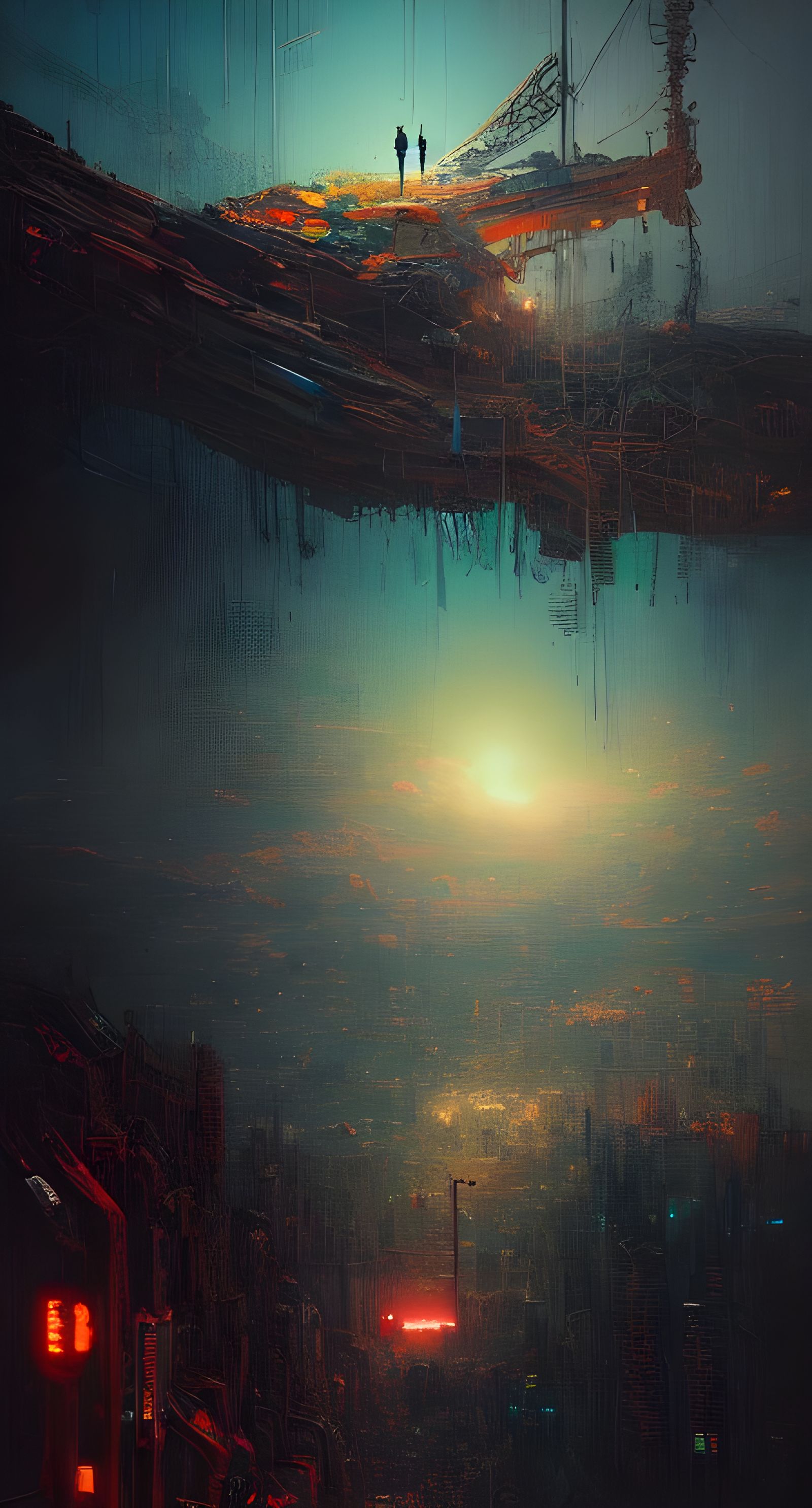 post apocalyptic neon structure on top of mountain nightime, an ...