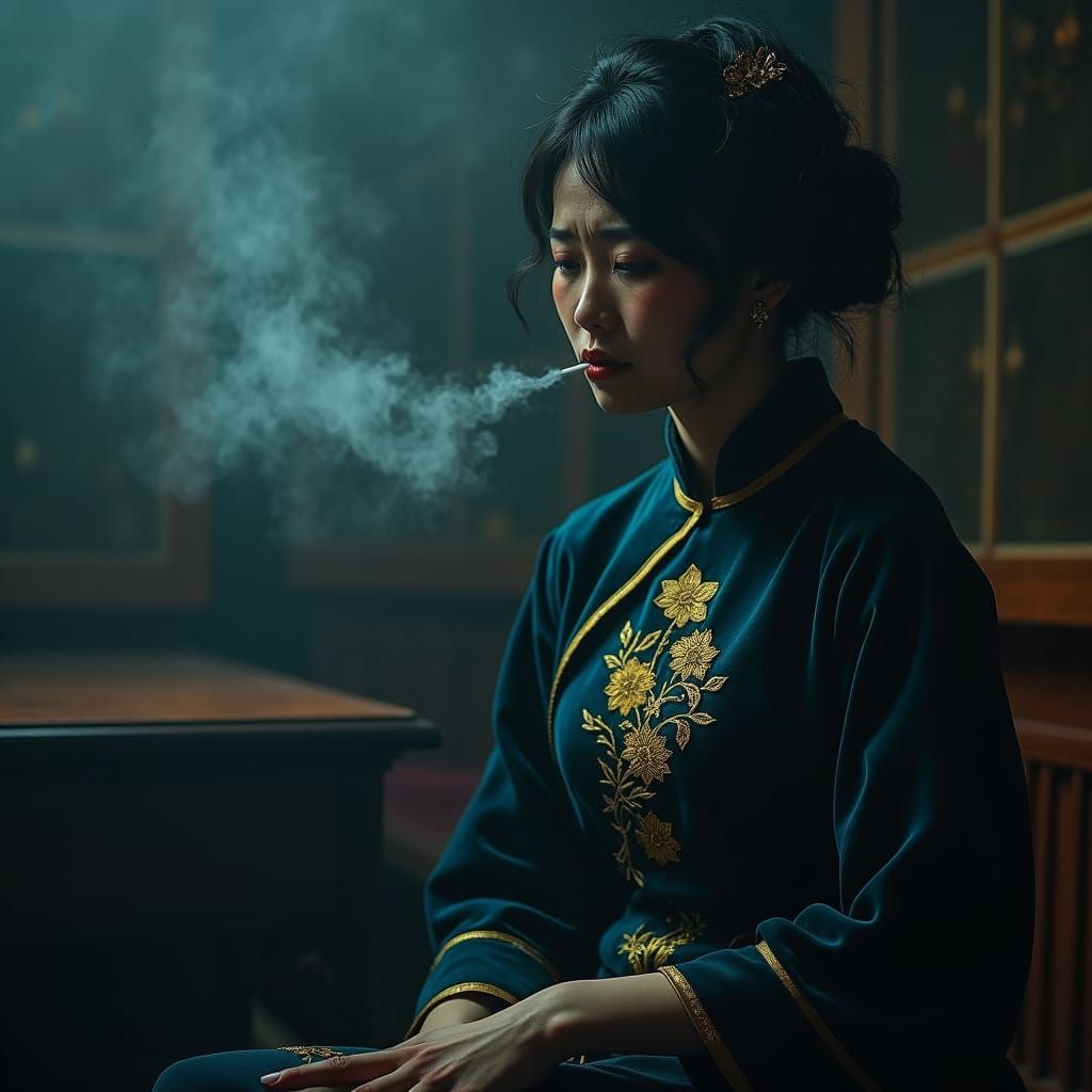 A sad crying Chinese woman in a blue velvet dress in a smokey David ...