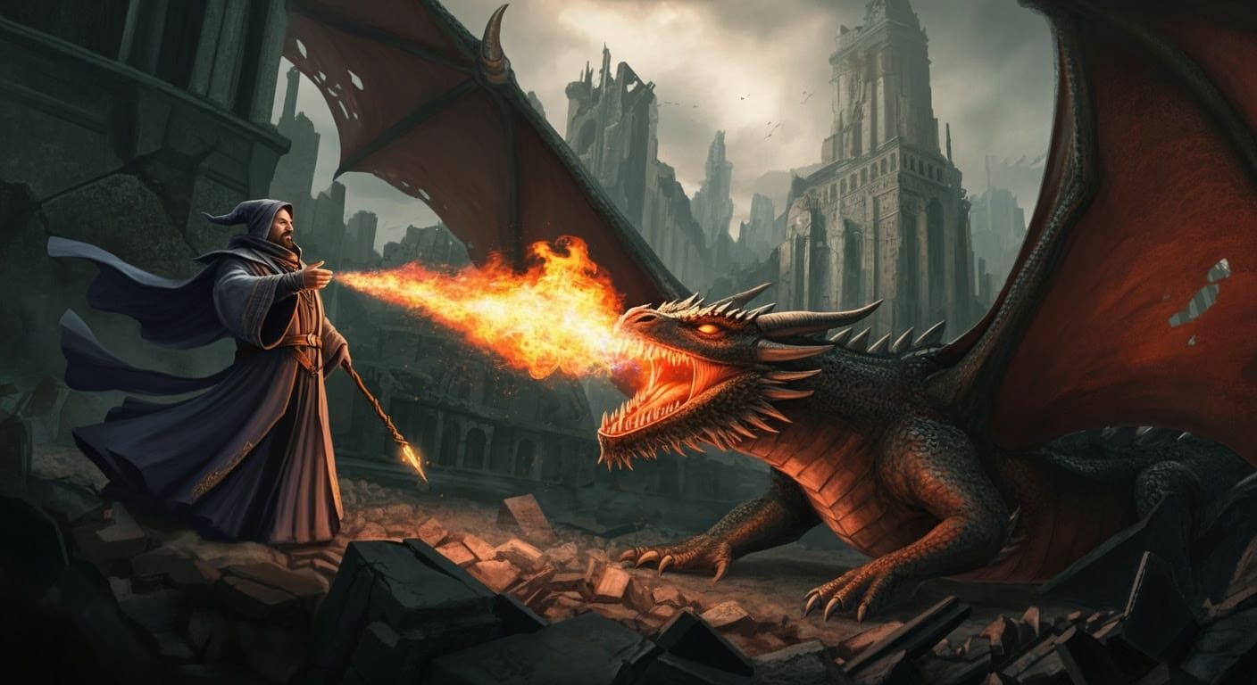 Epic Realistic Wizard Battles Confused Dragon in R... - AI Art
