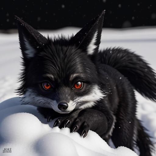 An undead cute adorable black-fox with glowing eyes, in a frozen winter ...