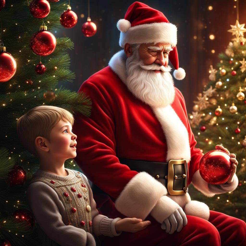 A jolly Santa Claus with rosy cheeks and a twinkle in his eye, admiring ...