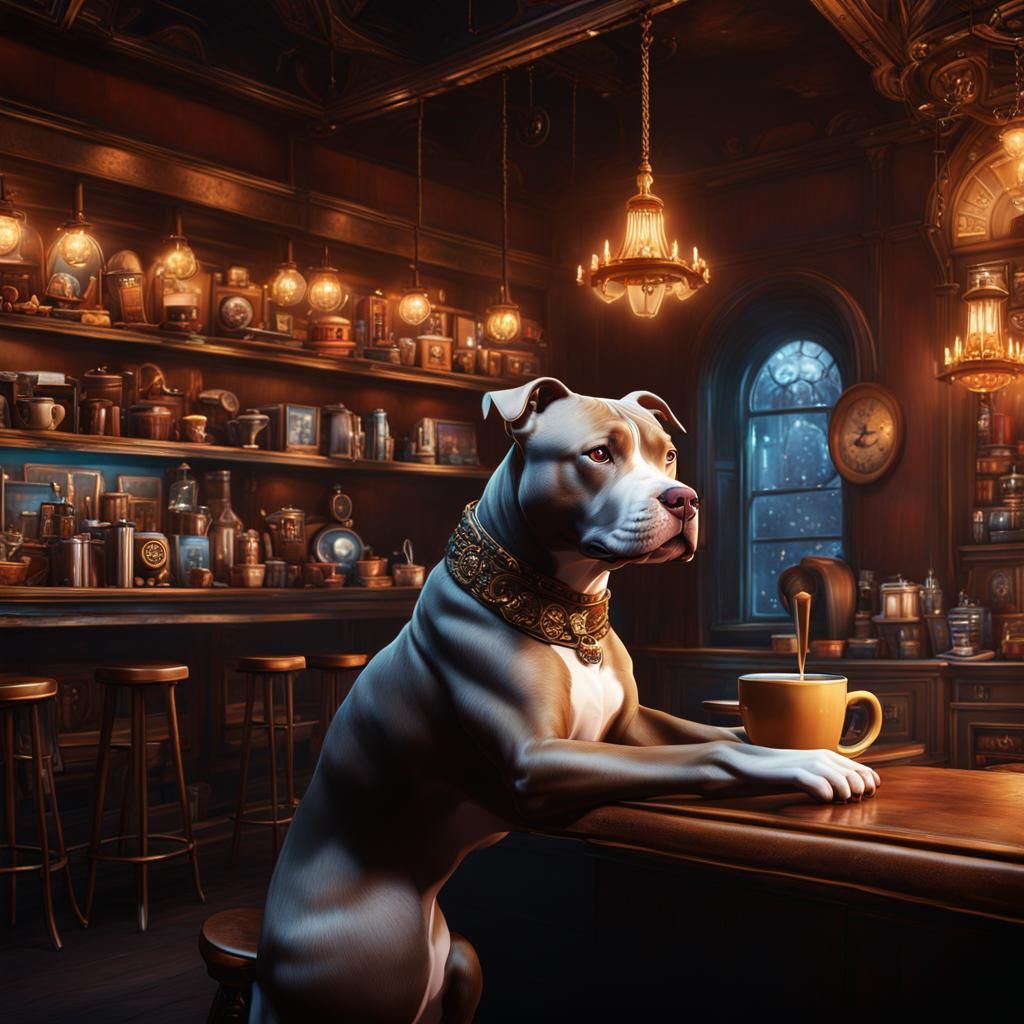 pit bull in coffeshop - AI Generated Artwork - NightCafe Creator