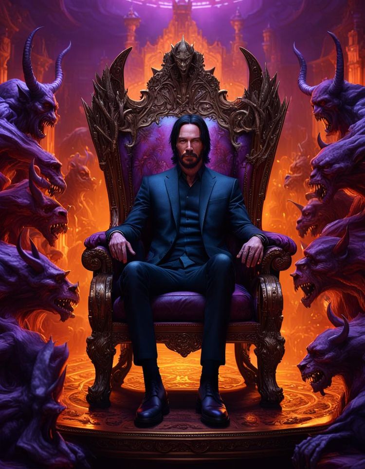 keanu reaves sitting on devil chair with evil souls around him 8k ...