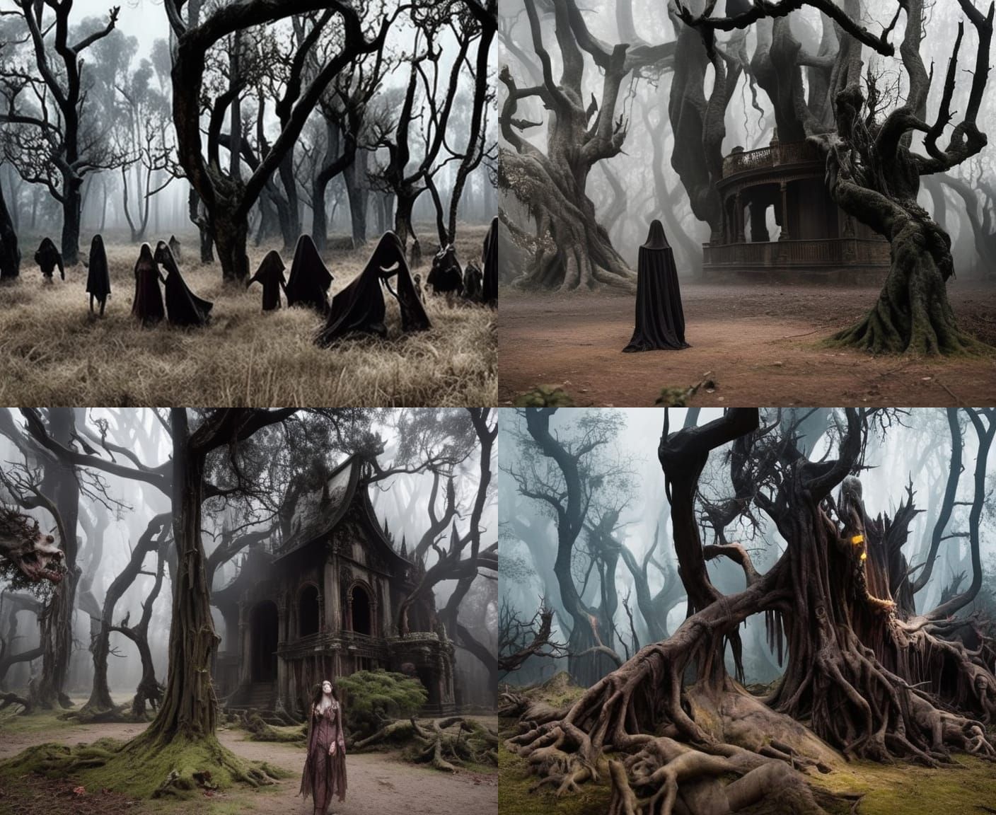 ((Spooky spectral apparitions float through twisted gnarled tree ...