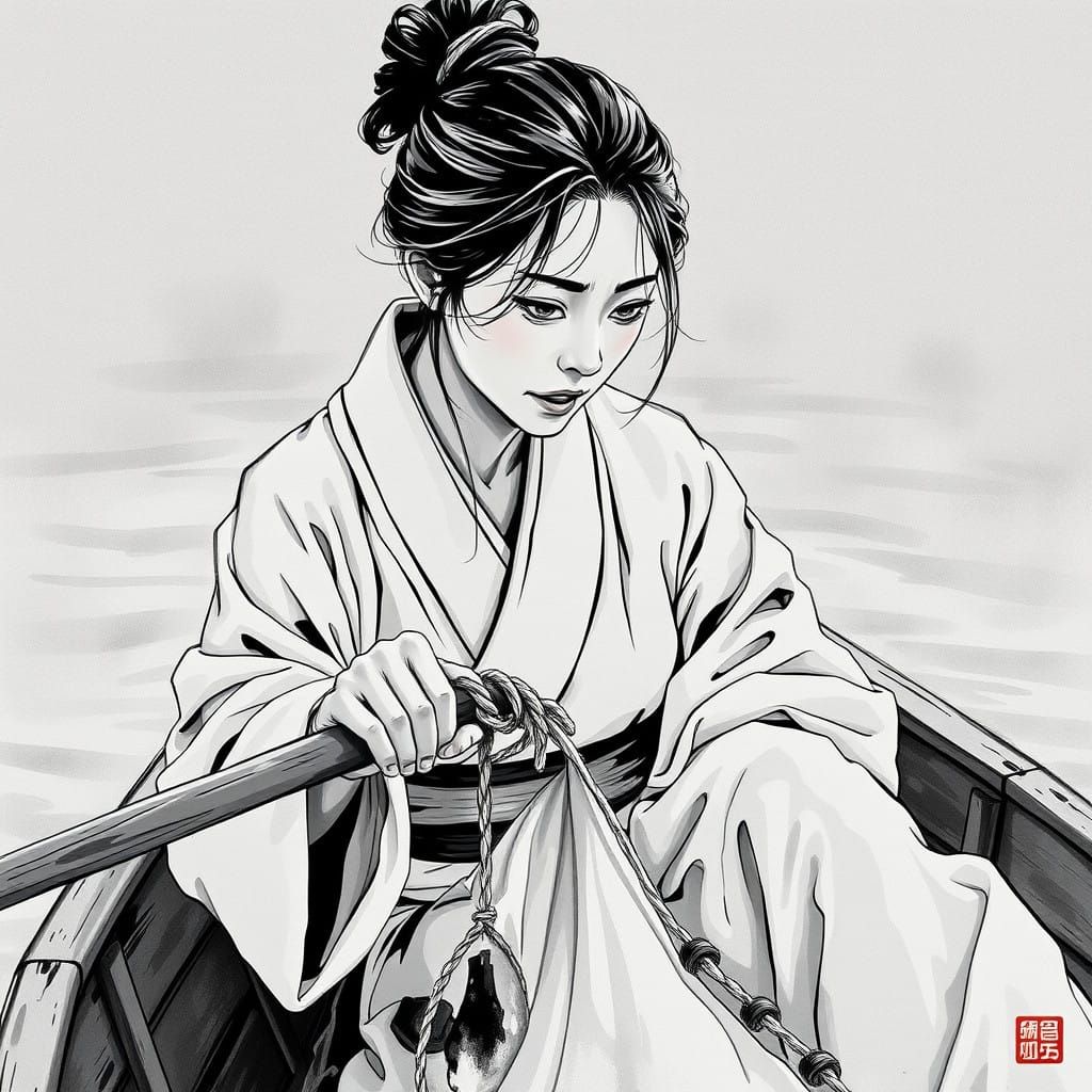 A anime black and white sumi ink drawing of a correctly rendered, no ...