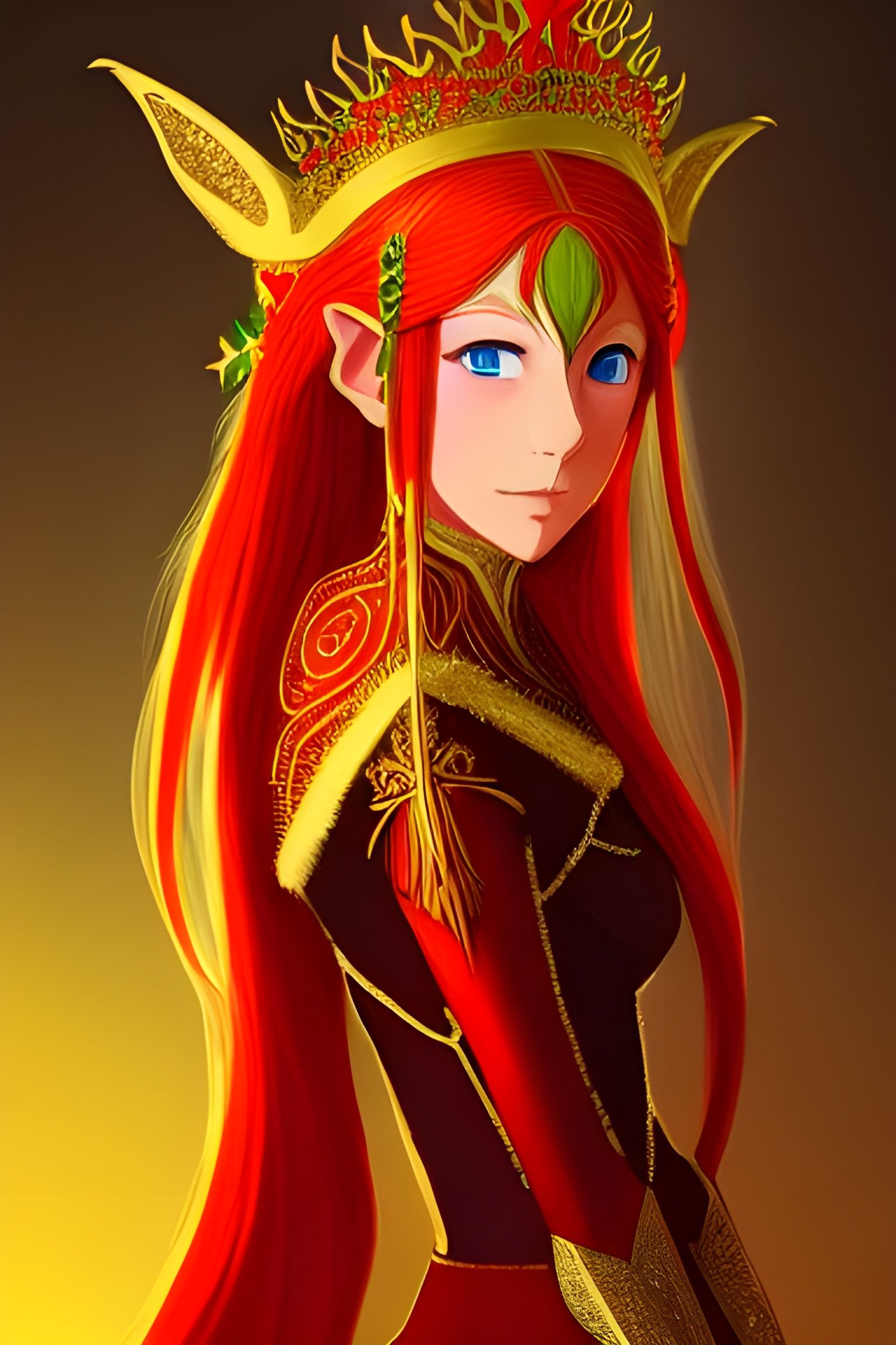 portrait of a beautiful red haired elven queen wearing red, green and ...