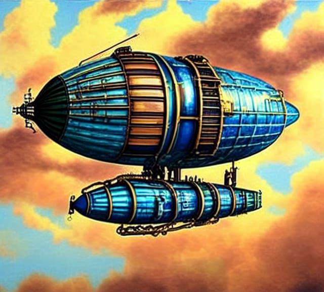 brightly colored steampunk dirigible and blueprints highly detailed ...