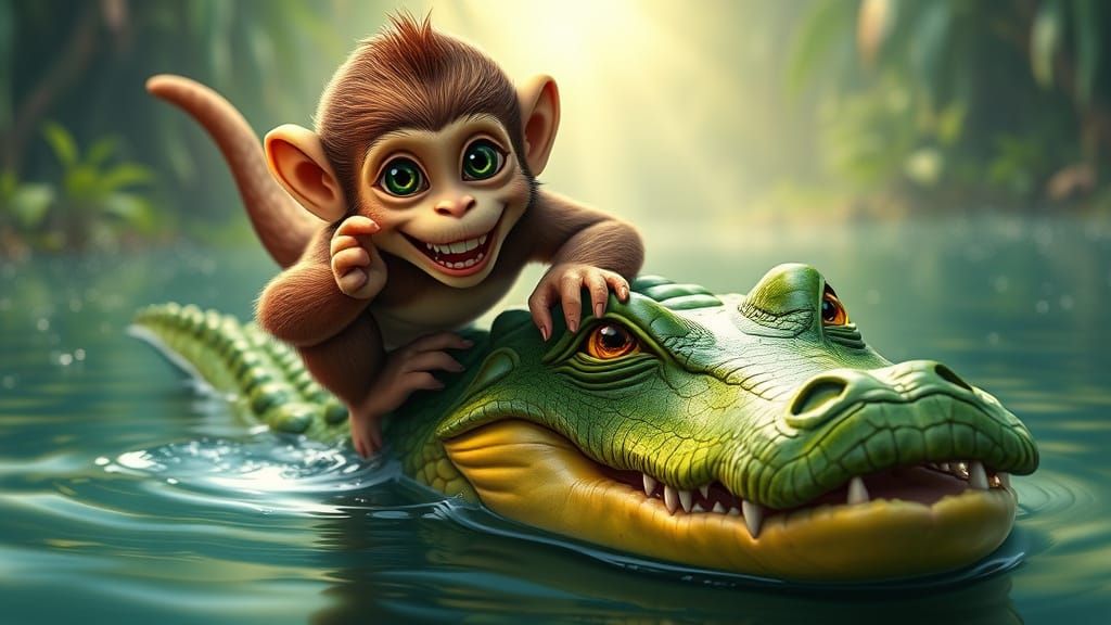 Monkey Riding Crocodile in Jungle, Digital Art - AI Art