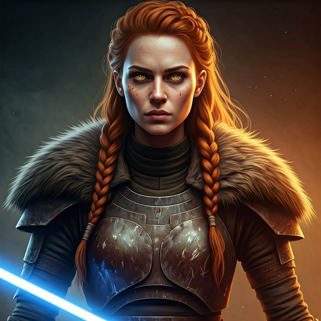 Star Wars woman with ginger Viking-style with fur on the Jedi armor and ...