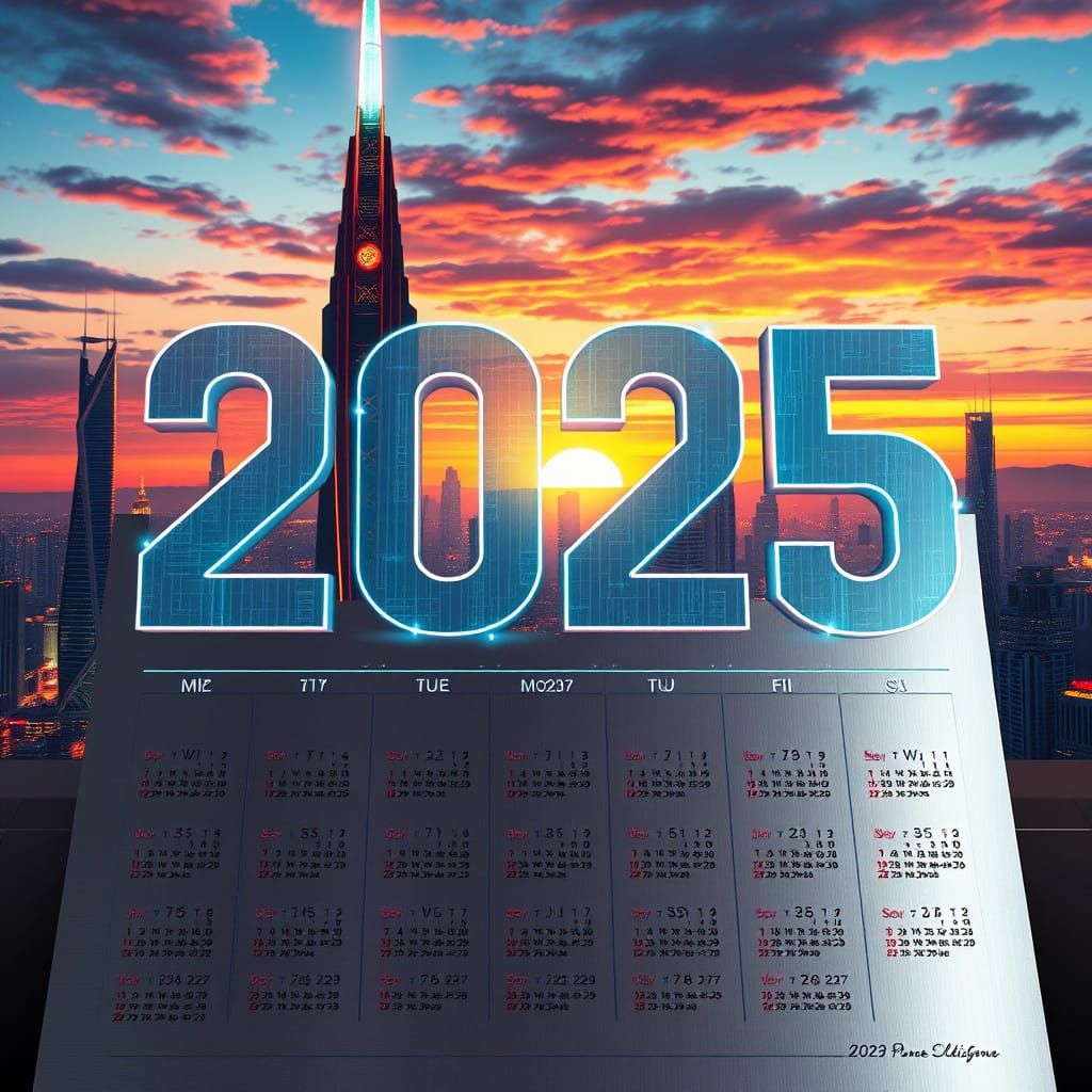 Futuristic Calendar for 2025 with Cityscape and Ne... - AI Art
