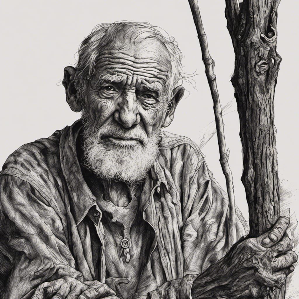 Pen ink drawing of an old man holding a stick in the style of ink ...
