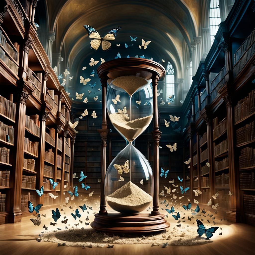 A colossal hourglass stands before a towering library, holding not sand ...