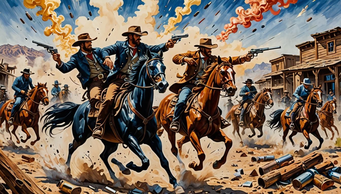 duel & in the Wild West with bullets flying through the air, oil ...