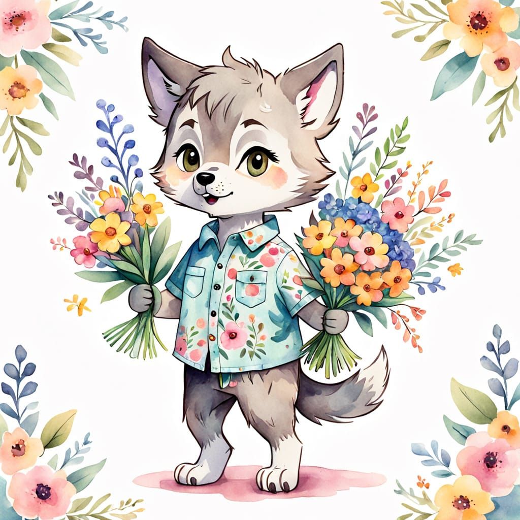 Cute Wolf Cub in Whimsical Watercolor Portrait - AI Art