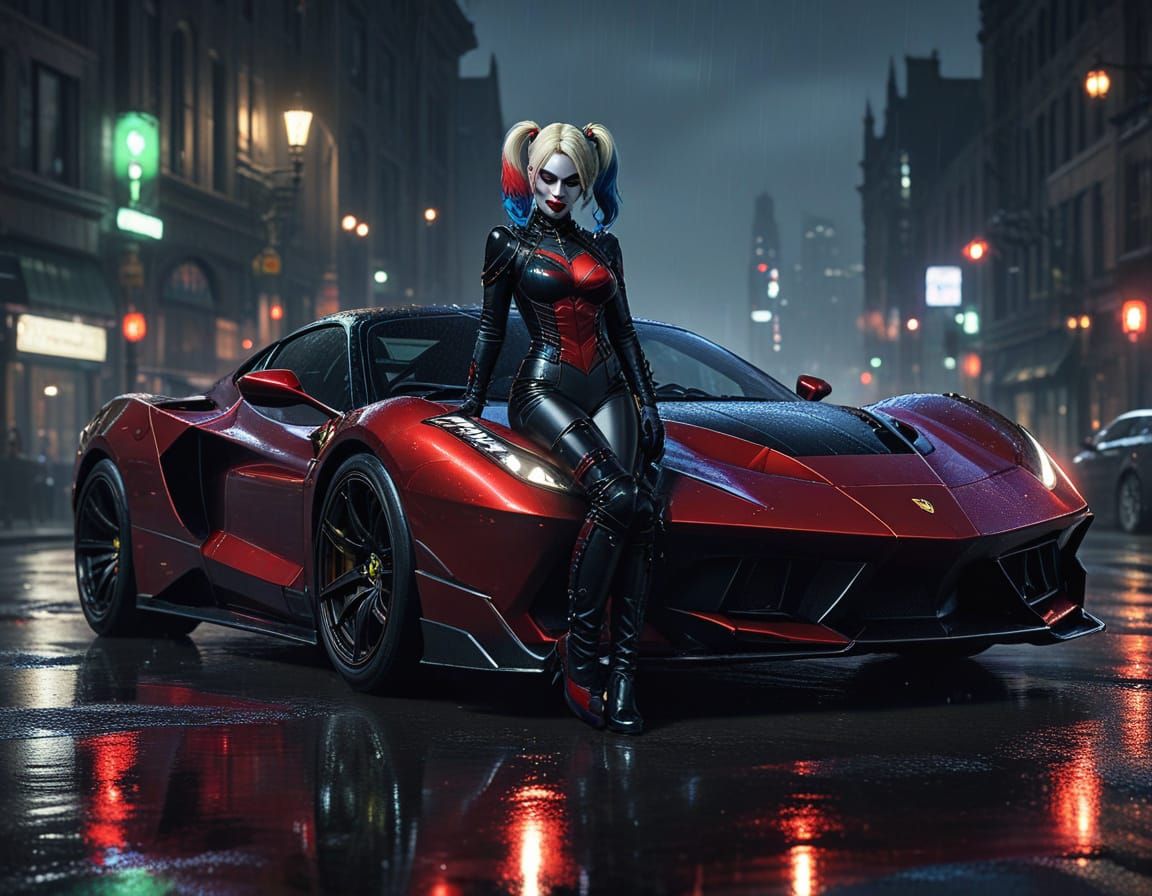 Gothic Harley Quinn beside a Red Ferrari in Dark G... - AI Art