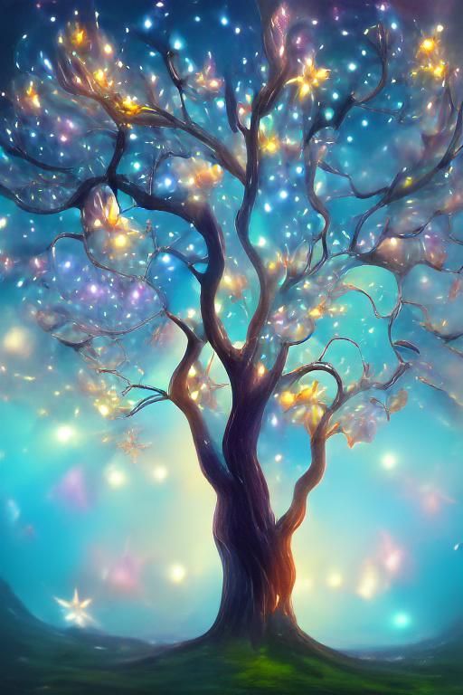 Glowing Fantasy Tree Surrounded By magical sparkles and Floating ...