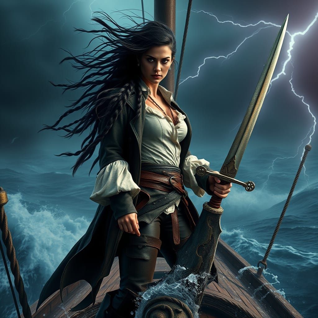 A daring female pirate, with long braided black hair, stands defiantly ...