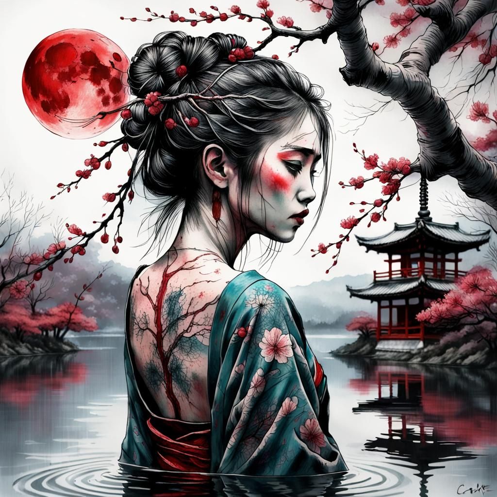 Sad Tattooed Geisha Blossom - AI Generated Artwork - NightCafe Creator