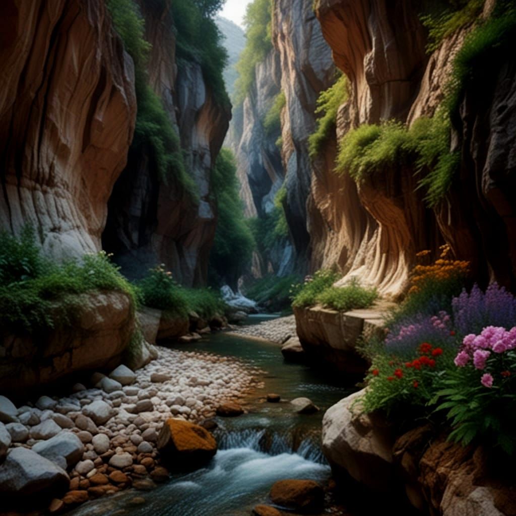 Lush Ravine Depths Exposed Amidst High Rock Cliffs - AI Art