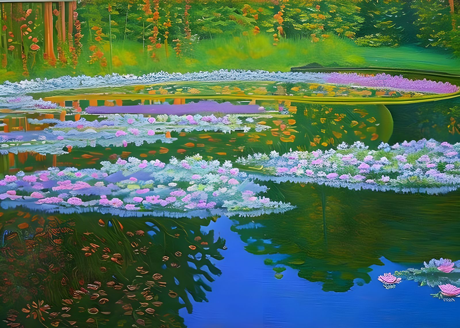 pond with flowers and plants around it, reflections Claude Monet ...