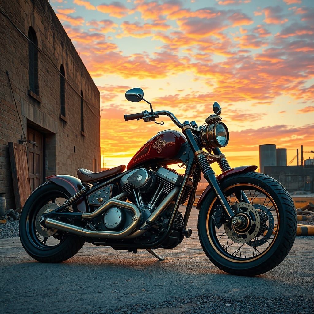 Steam-Powered Bobber Chopper in Sunset Glow - AI Art