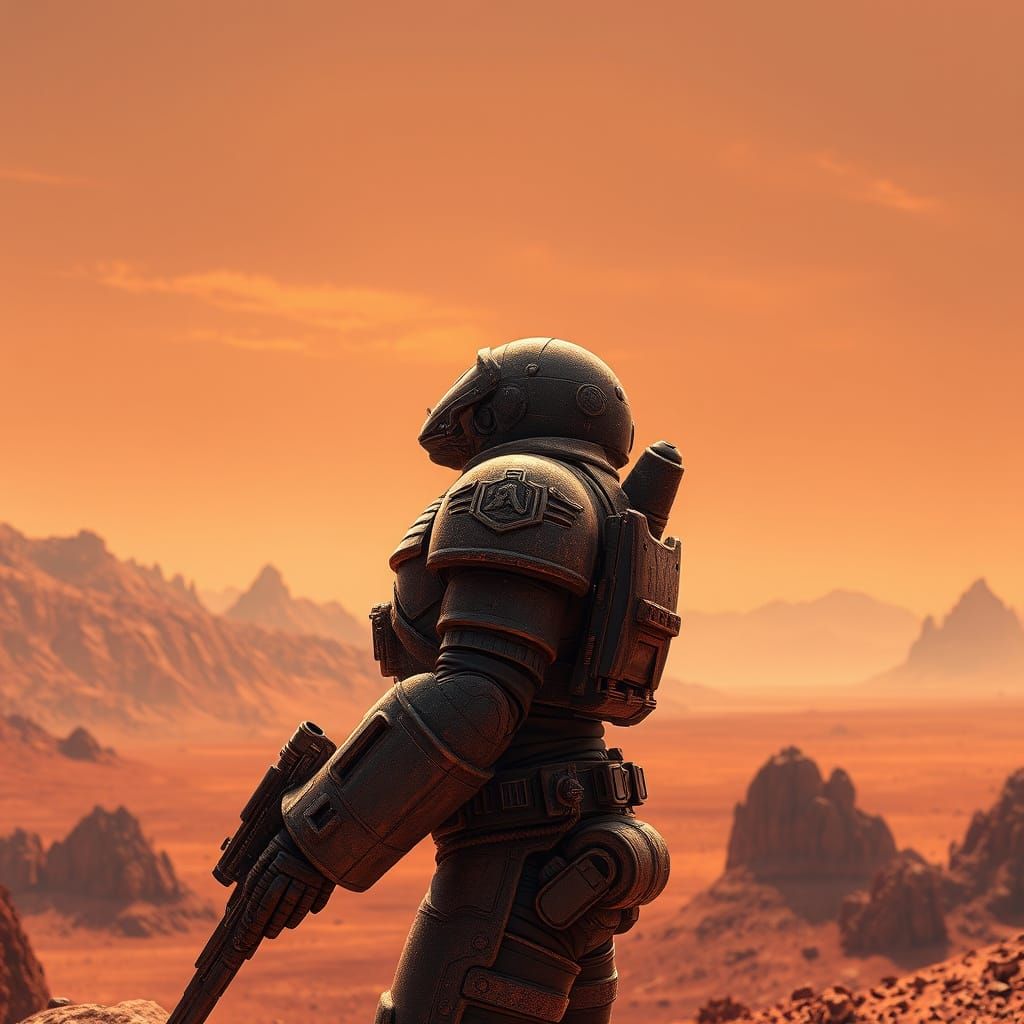 Gritty Space Marine Explores Desolate, Crimson Pla... - AI Art