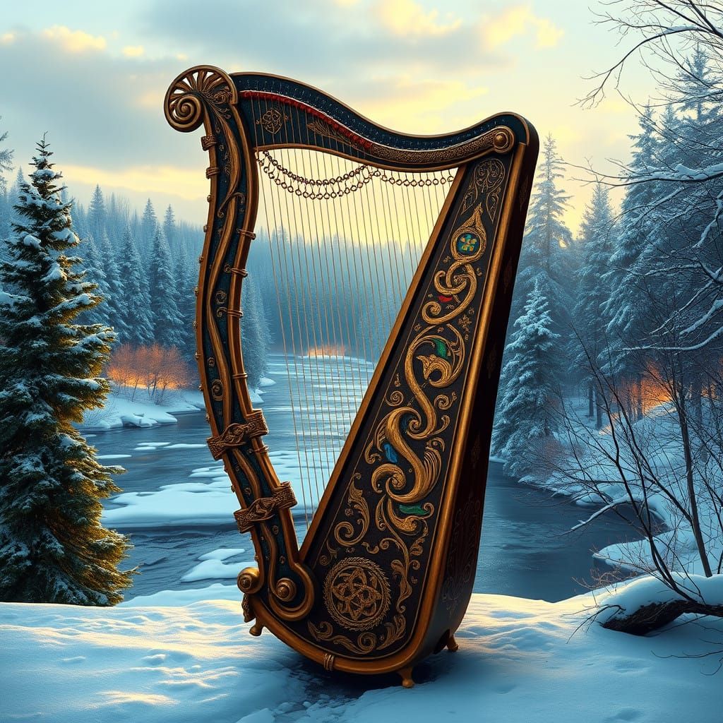 Hyperrealistic Ancient Irish Harp Surrounded by Ce... - AI Art