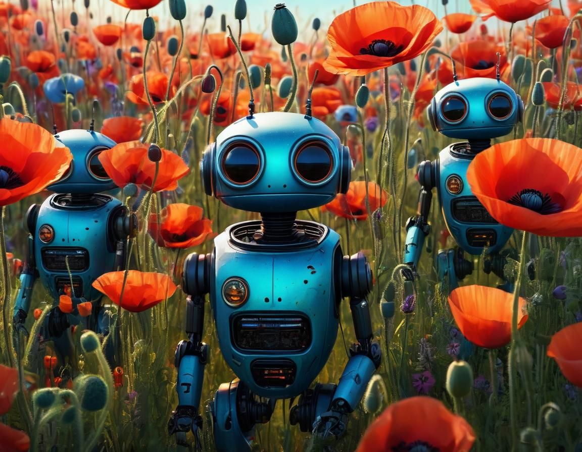 Robots in a Poppy Field - AI Generated Artwork - NightCafe Creator