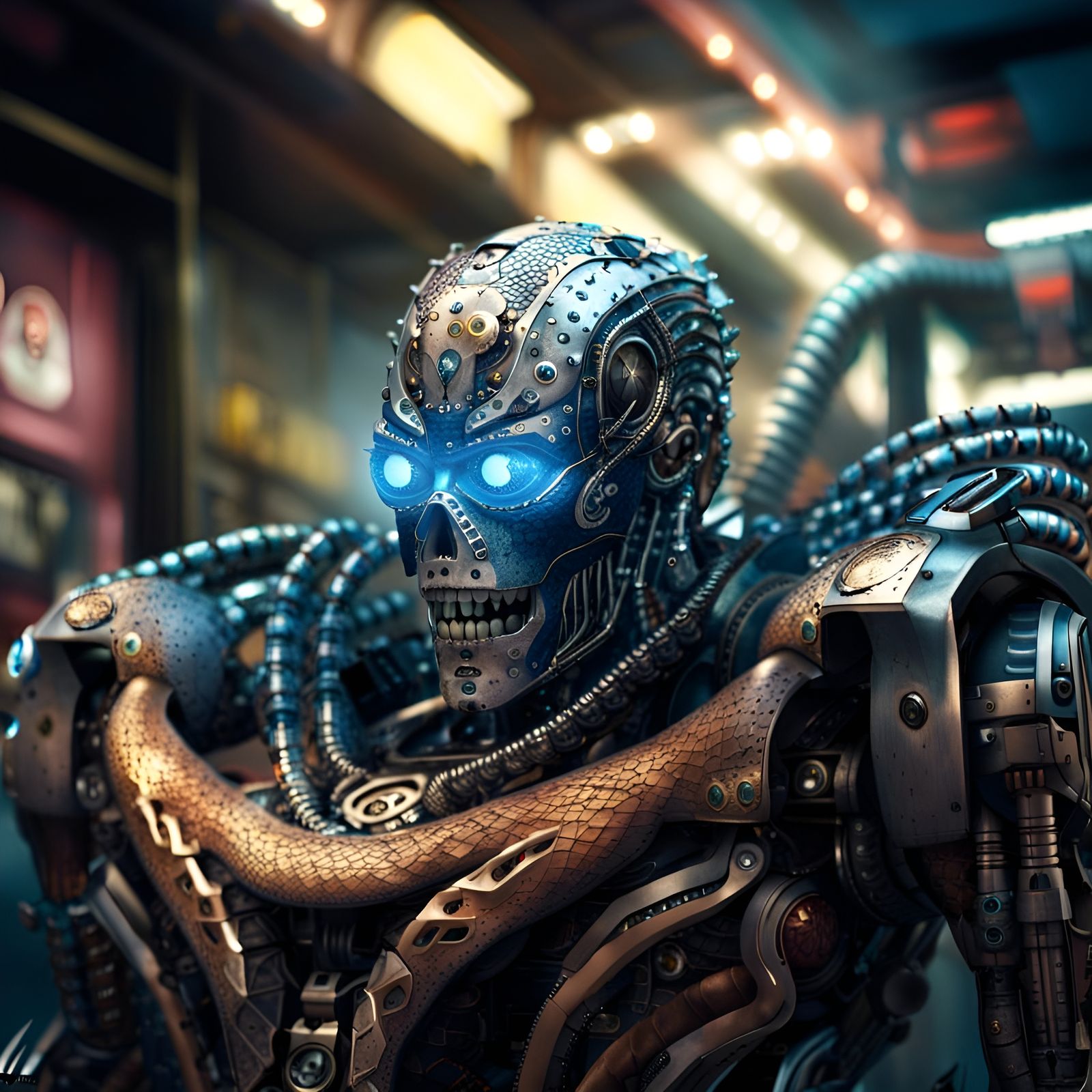 Terminator like robot made of metal with snake scale skin. there are ...