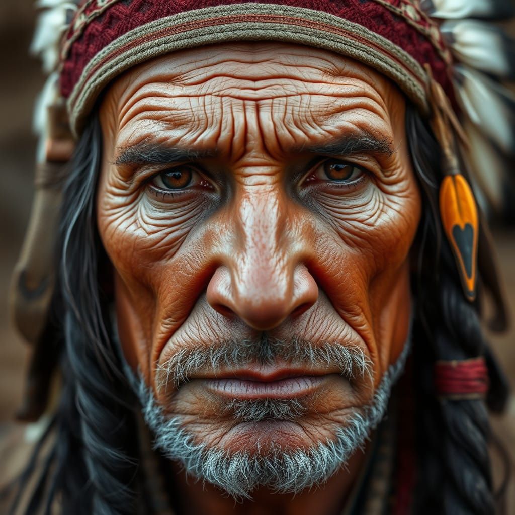 Wise Native American Shaman in Hyperrealistic Clos... - AI Art