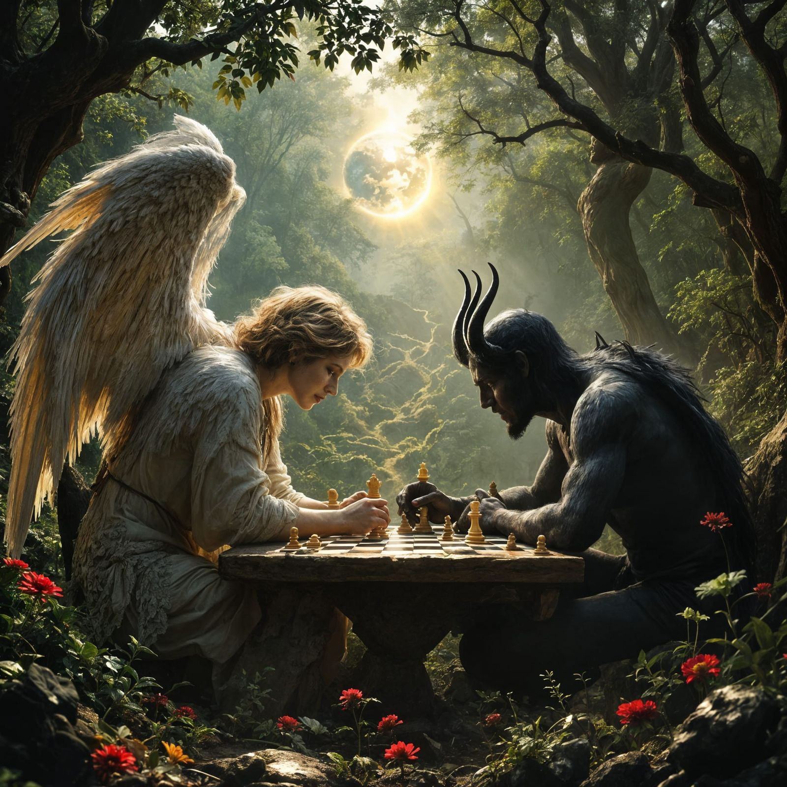 An angel and a devil playing chess. In the background is a primative ...