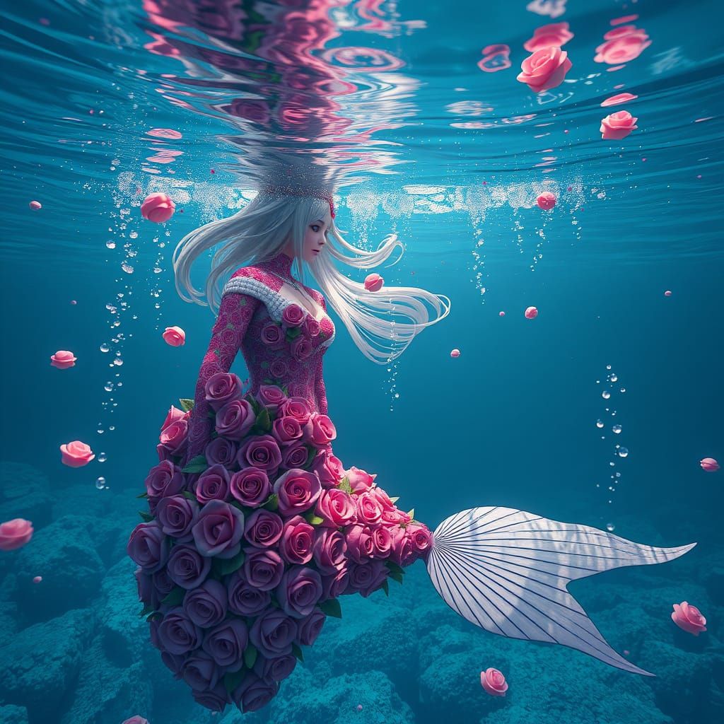 Mermaid in a Rose-Adorned Underwater Realm - AI Art