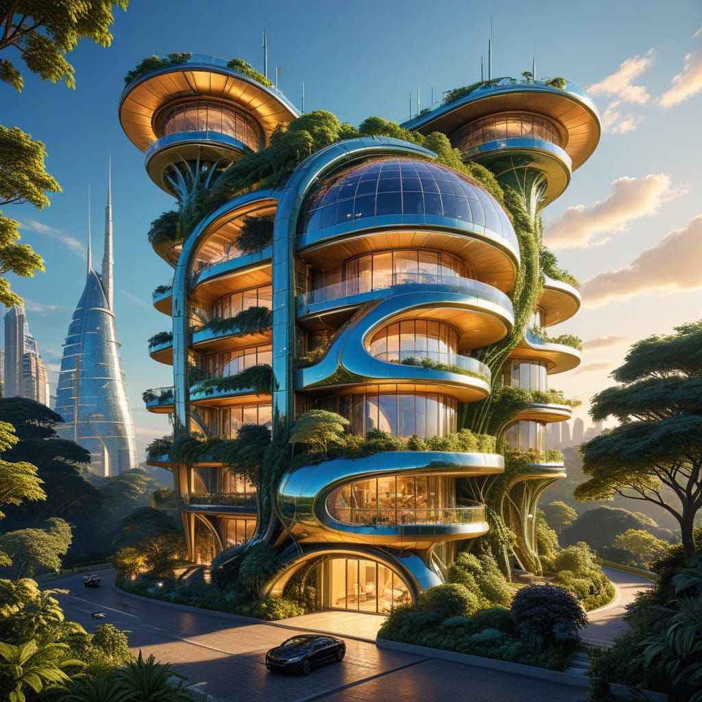 Solarpunk architecture - Sustainable Futuristic Cityscape in...