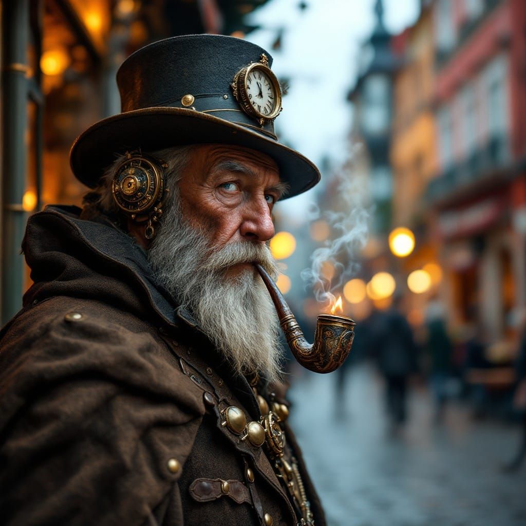 Steampunk Father Time Smokes Pipe outside Prague C... - AI Art