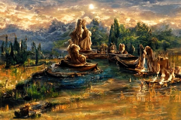 Beautiful fantasy landscape by Claude Monet and Leonardo da Vinci oil ...