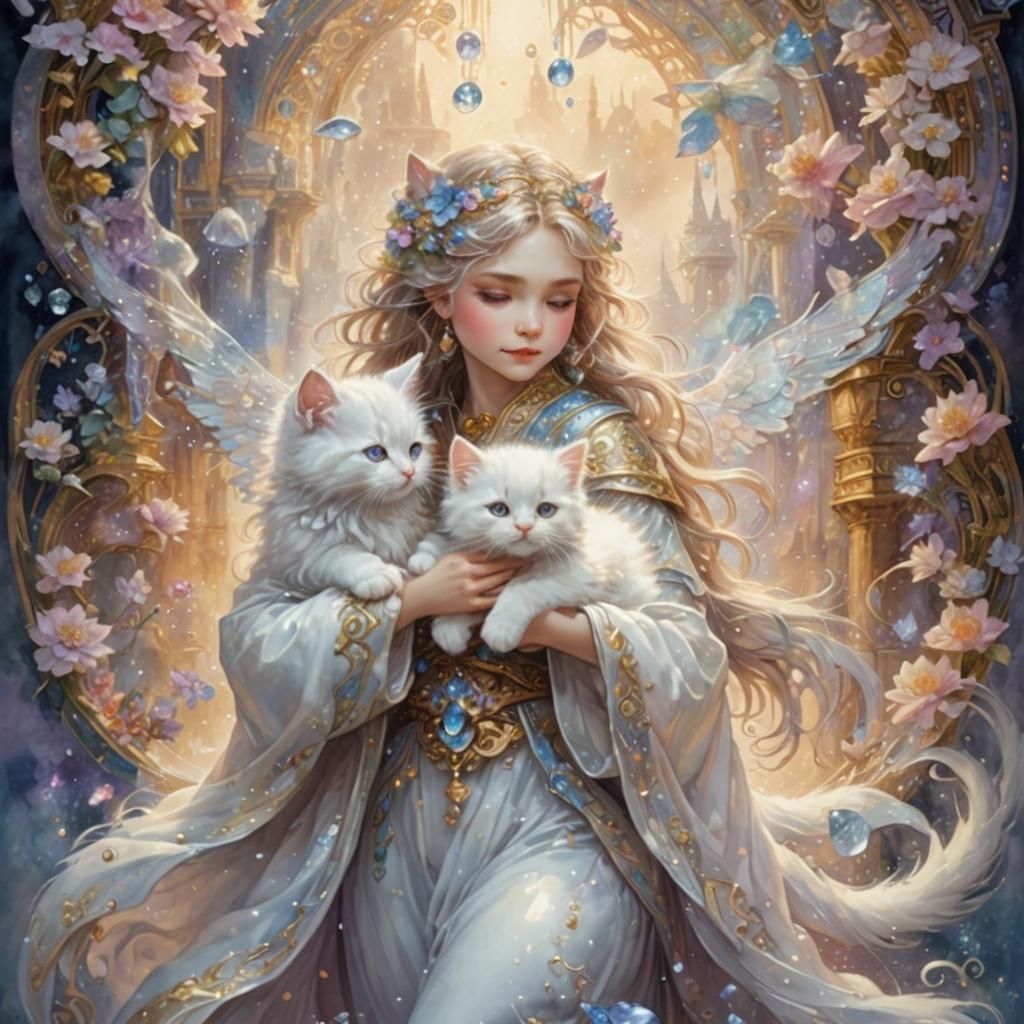 A photo of a beautiful white angelic princess and her pet kittens - AI ...