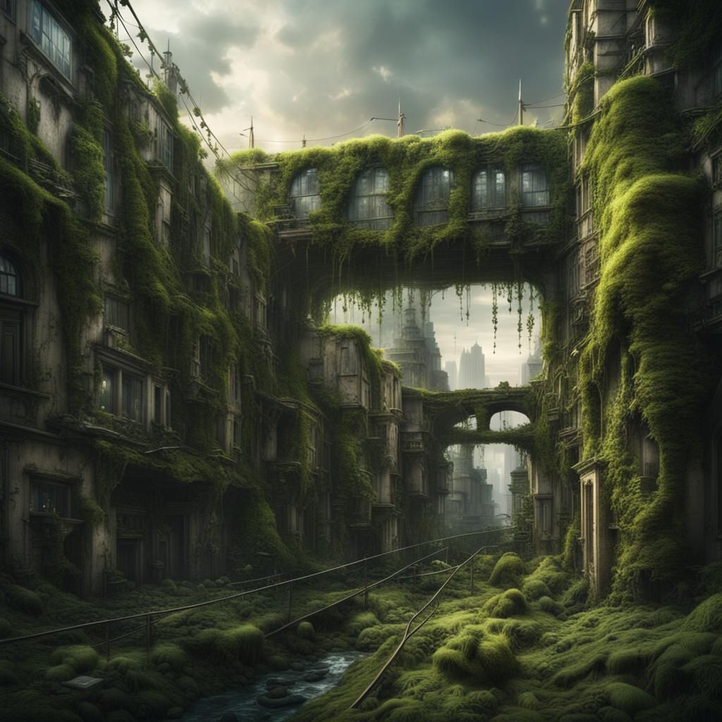 Overgrown modern city covered in vines and moss - AI Generated Artwork ...