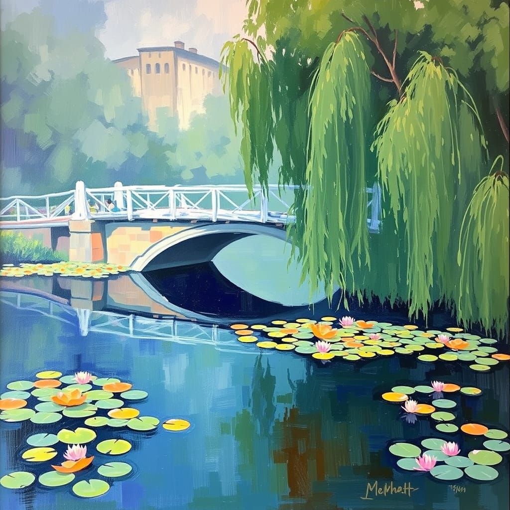 Impressionist Water Lilies Bridge Scene in Modern ... - AI Art