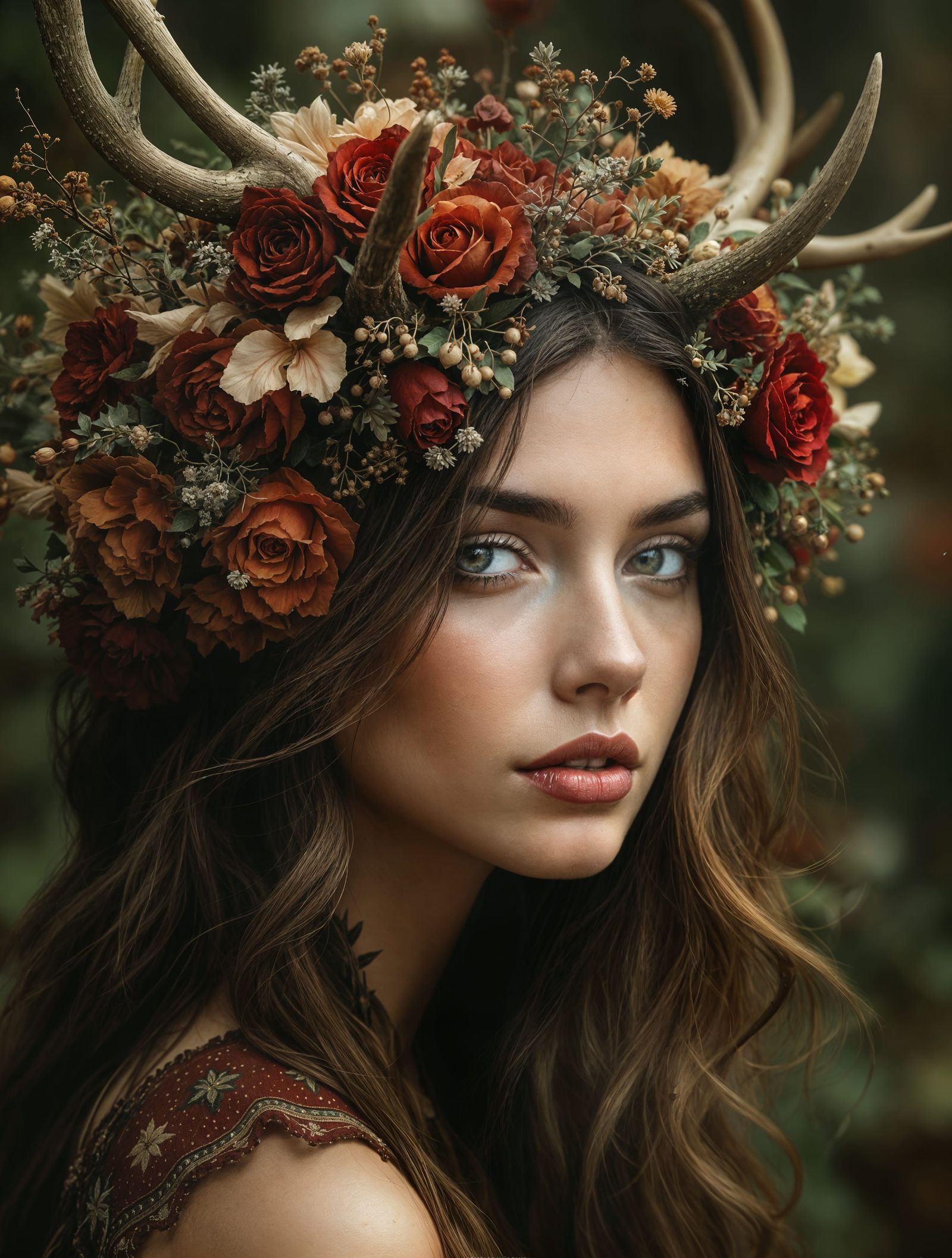 Dryad's Crown of Roses - Nature Spirit in Woodland Bloom