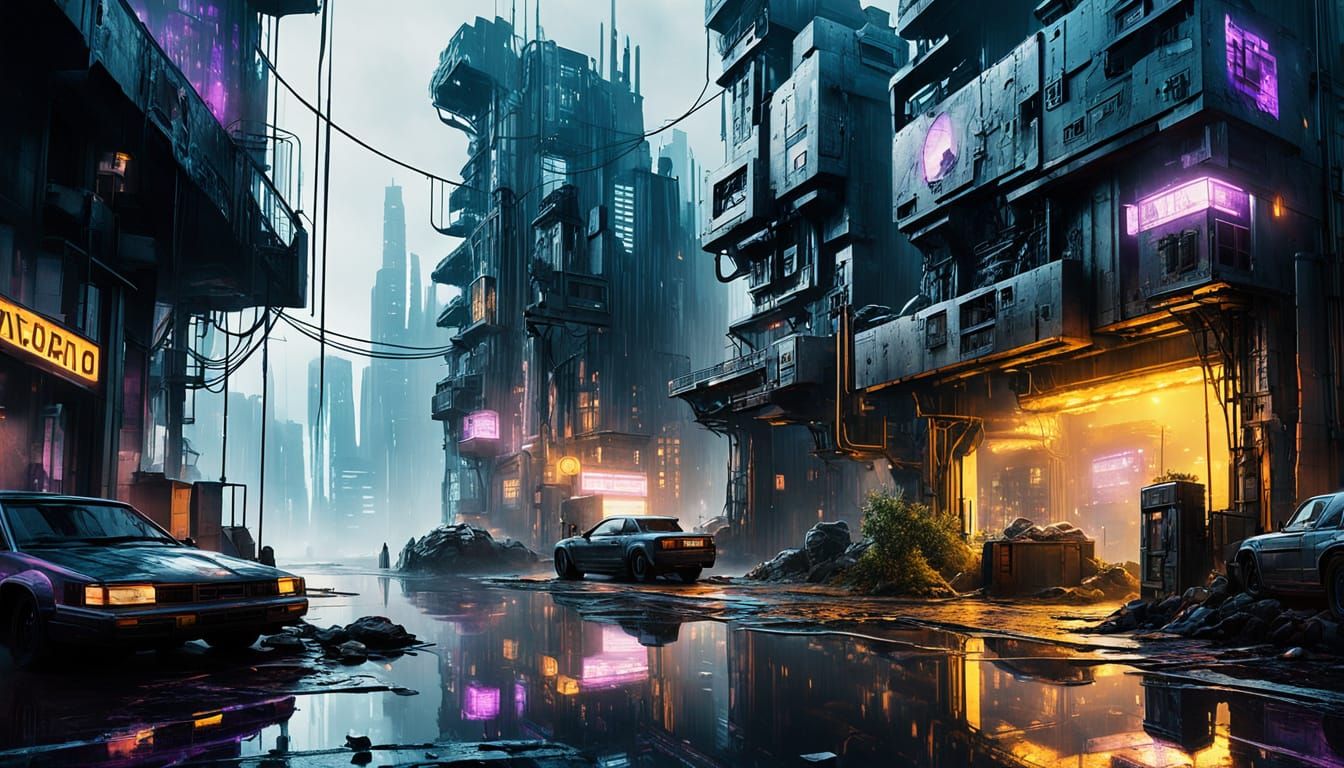 Cyberpunk Dystopia - Gritty Cyberpunk Cityscape with Overgro...