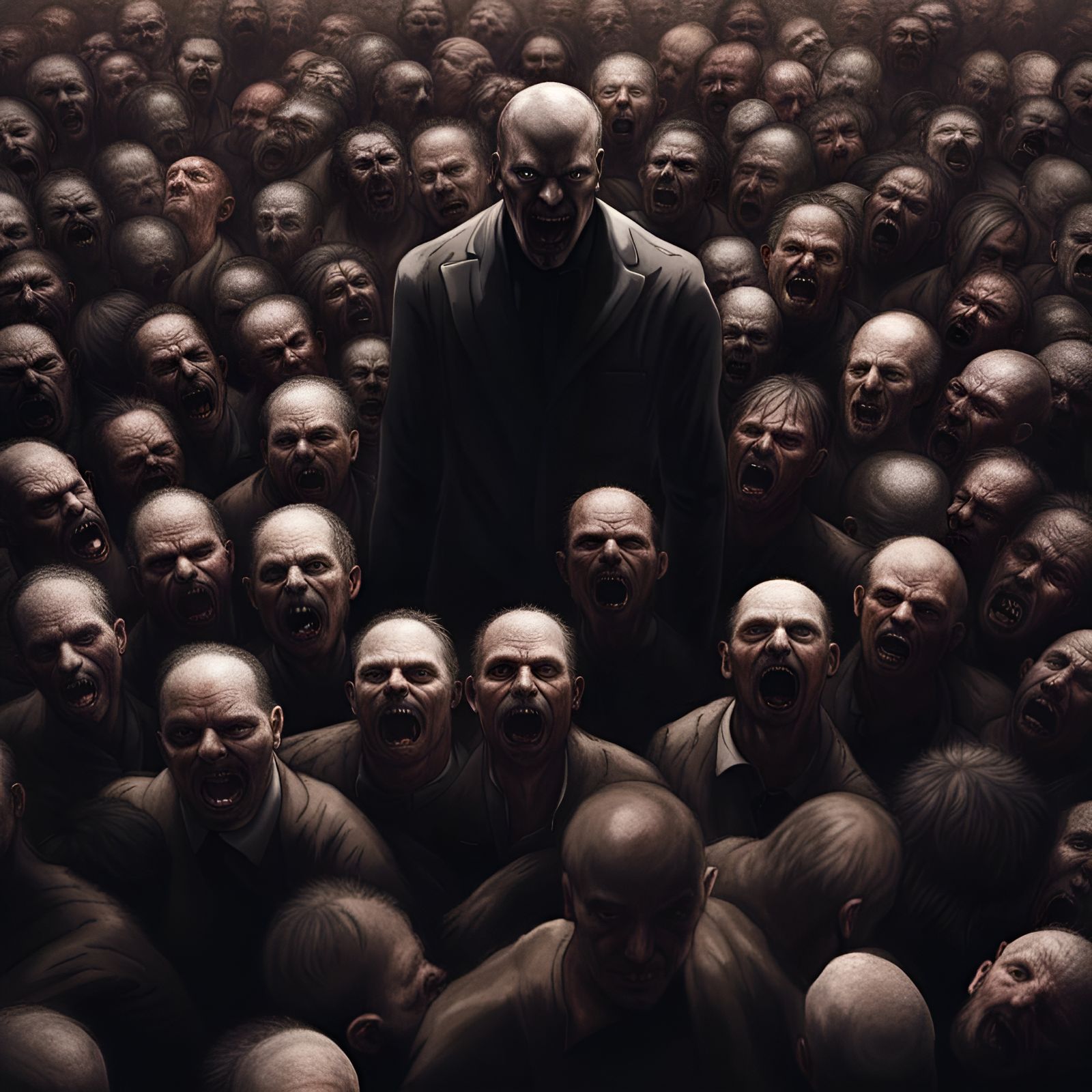 Evil demonic man emerges from the crowd of bodies - AI Generated ...