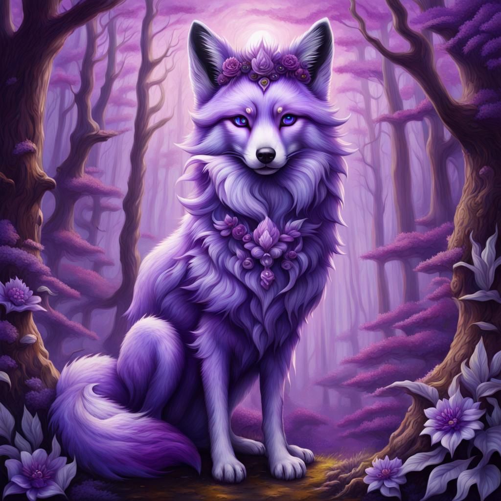 Mythical purple kitsune in enchanted purple forest - AI Generated ...