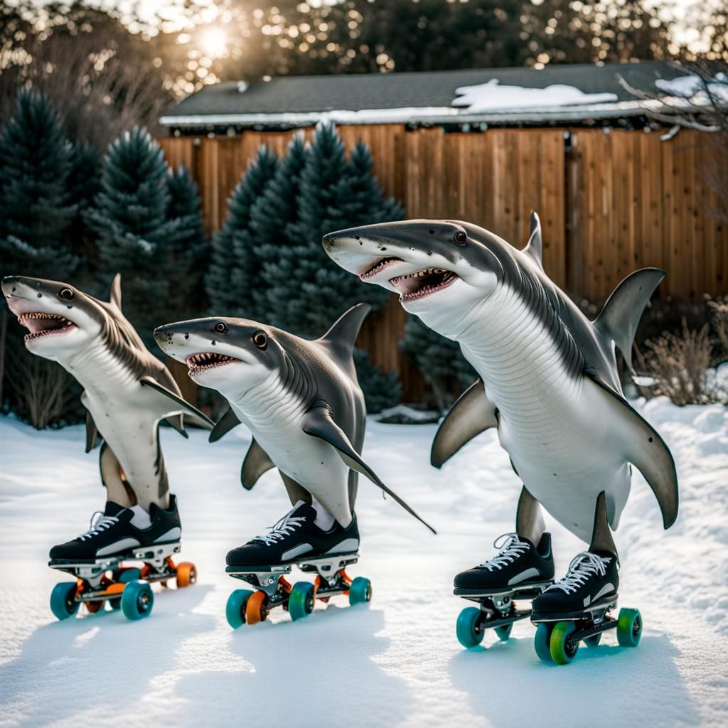 2 hammerhead sharks on ice skates and 2 hammerhead sharks on ...