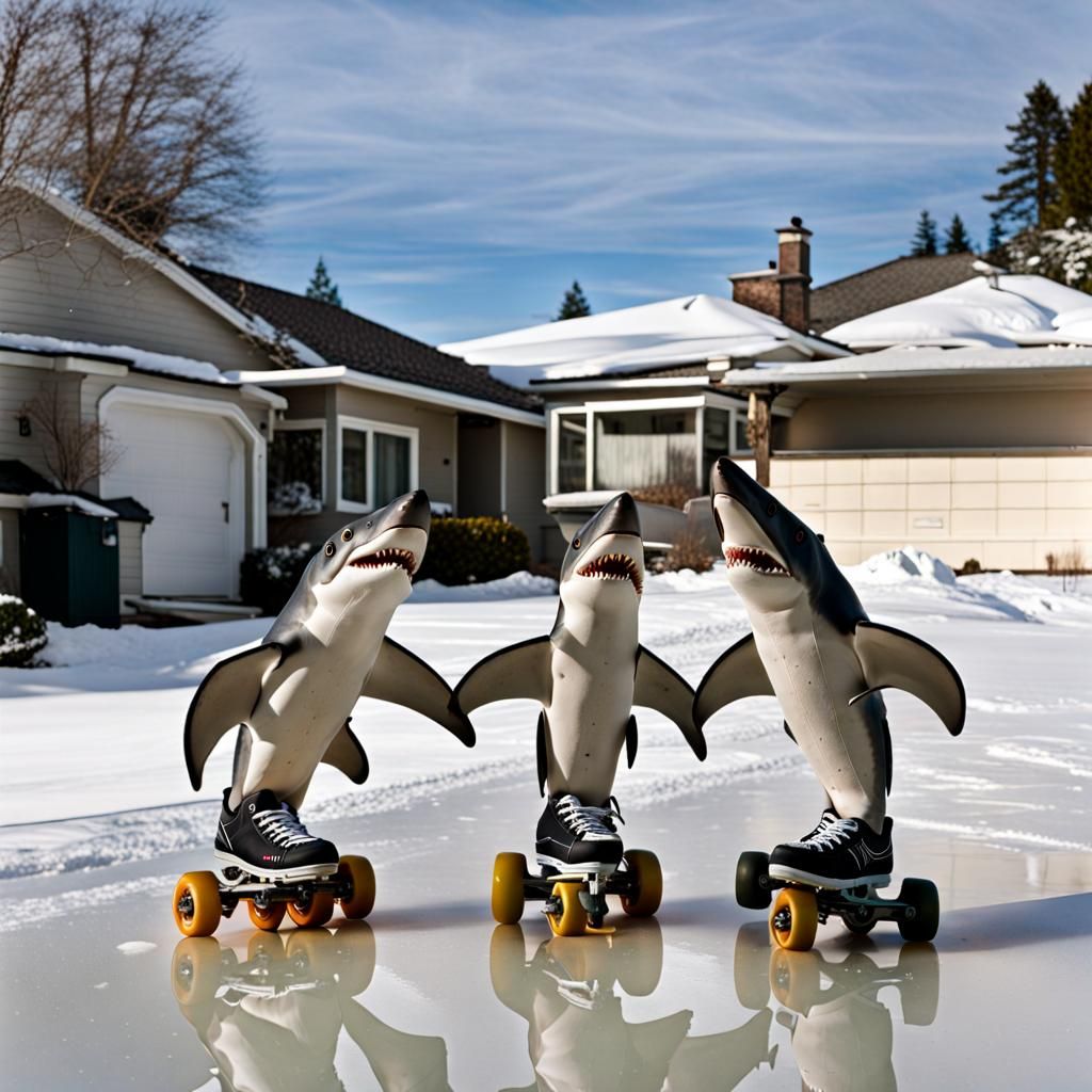 2 hammerhead sharks on ice skates and 2 hammerhead sharks on ...