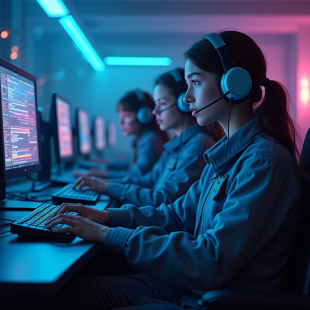 Cyberpunk Students in High-Tech Computer Room - AI Art