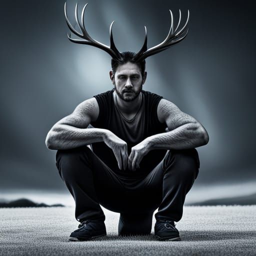 Man with antlers crouching - AI Generated Artwork - NightCafe Creator