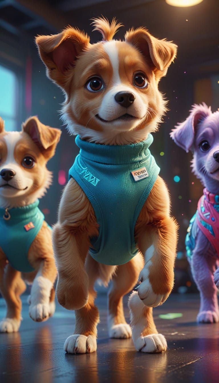 Vibrant Animated Puppies in 80s Aerobics Fitness C... - AI Art